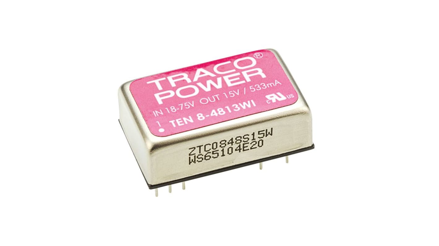 TEN 8-4813WI | TRACOPOWER TEN 8WI DC-DC Converter, 15V dc/ 533mA Output, 18 → 75 V dc Input, 8W ...