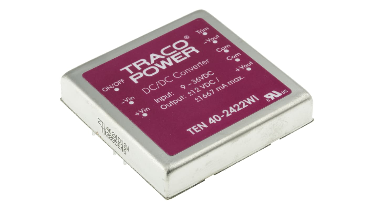 TEN 40-2422WI | TRACOPOWER TEN 40WI DC-DC Converter, ±12V dc/ ±1.65A Output, 9 → 36 V dc Input ...