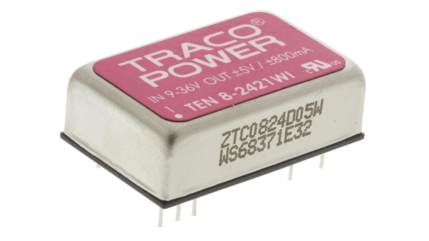TEN 8-2421WI | TRACOPOWER TEN 8WI DC-DC Converter, ±5V dc/ ±800mA Output, 9 → 36 V dc Input, 8W ...