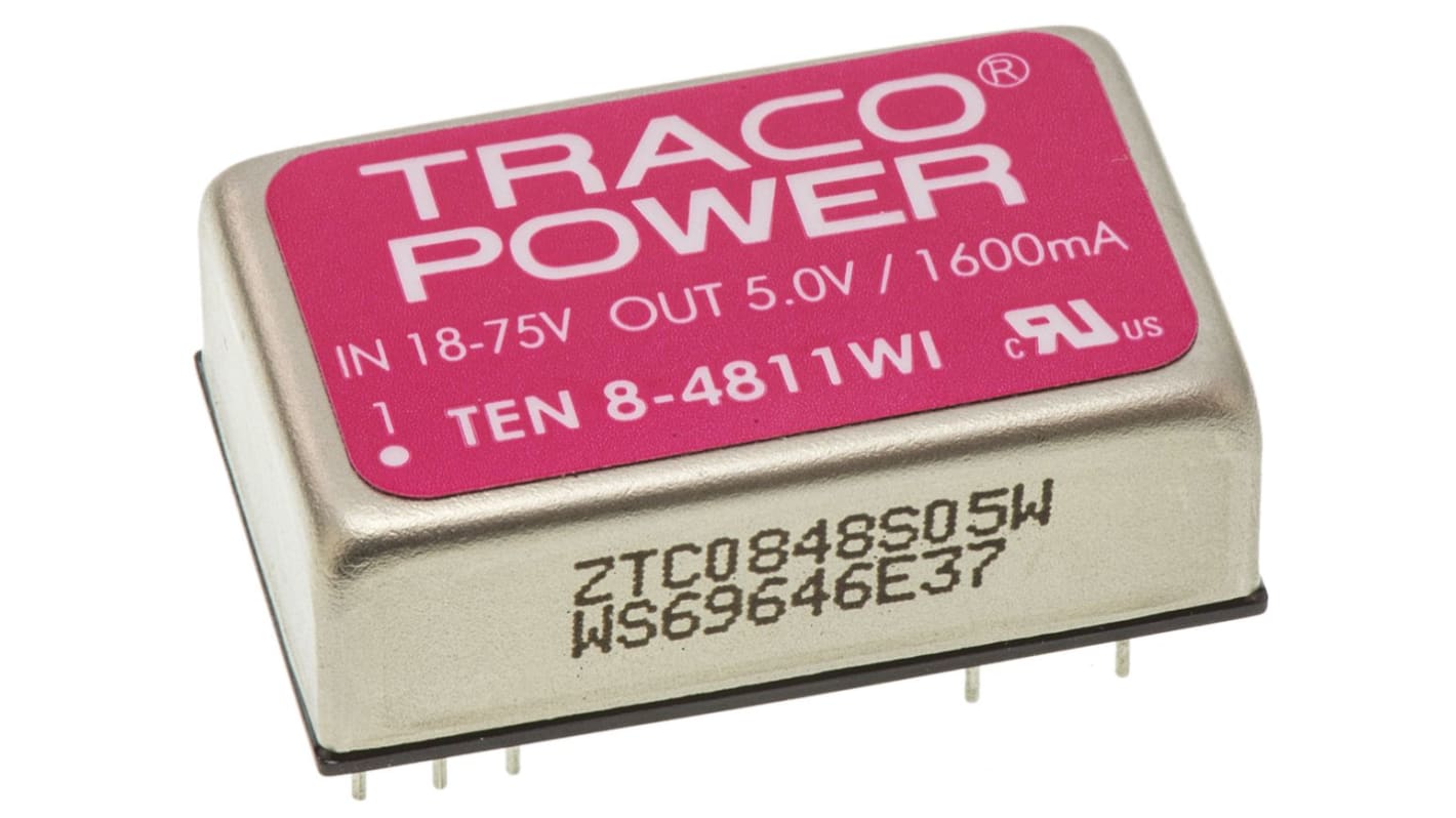 TEN 8-4811WI | TRACOPOWER TEN 8WI DC-DC Converter, 5V dc/ 1.6A Output, 18 → 75 V dc Input, 8W ...