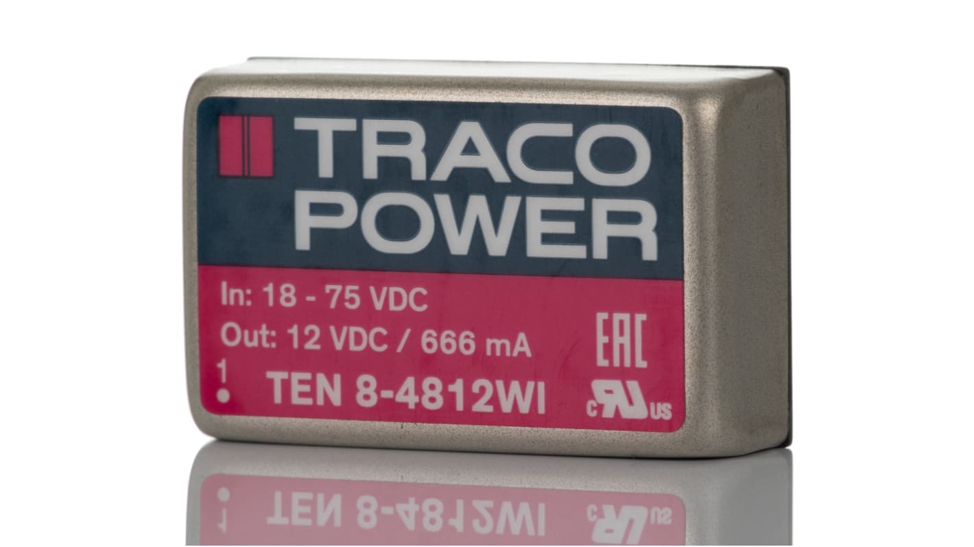 TEN 8-4812WI | TRACOPOWER TEN 8WI DC-DC Converter, 12V dc/ 666mA Output, 18 → 75 V dc Input, 8W ...
