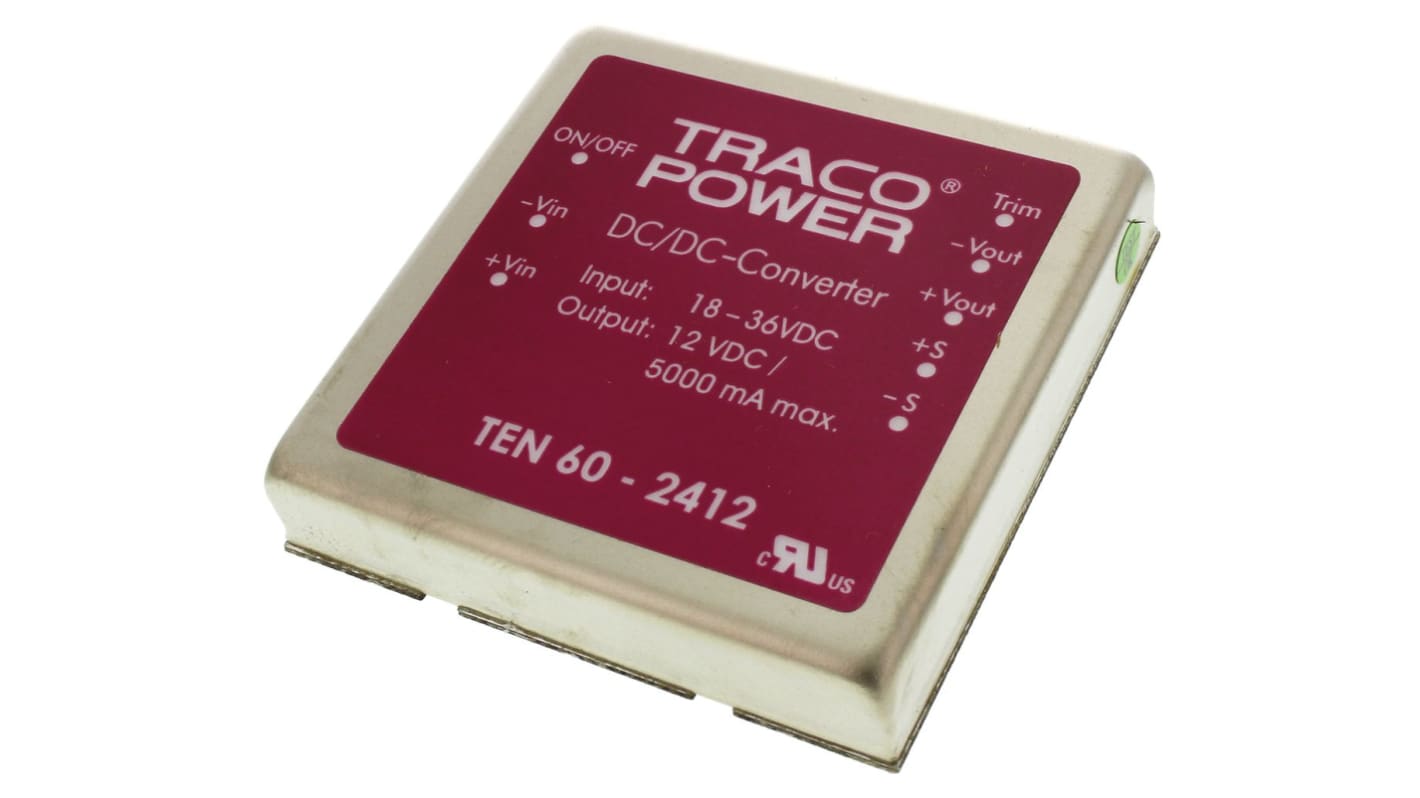 TEN 60-2412 | TRACOPOWER TEN 60 DC-DC Converter, 12V dc/ 5A Output, 18 → 36 V dc Input, 60W ...