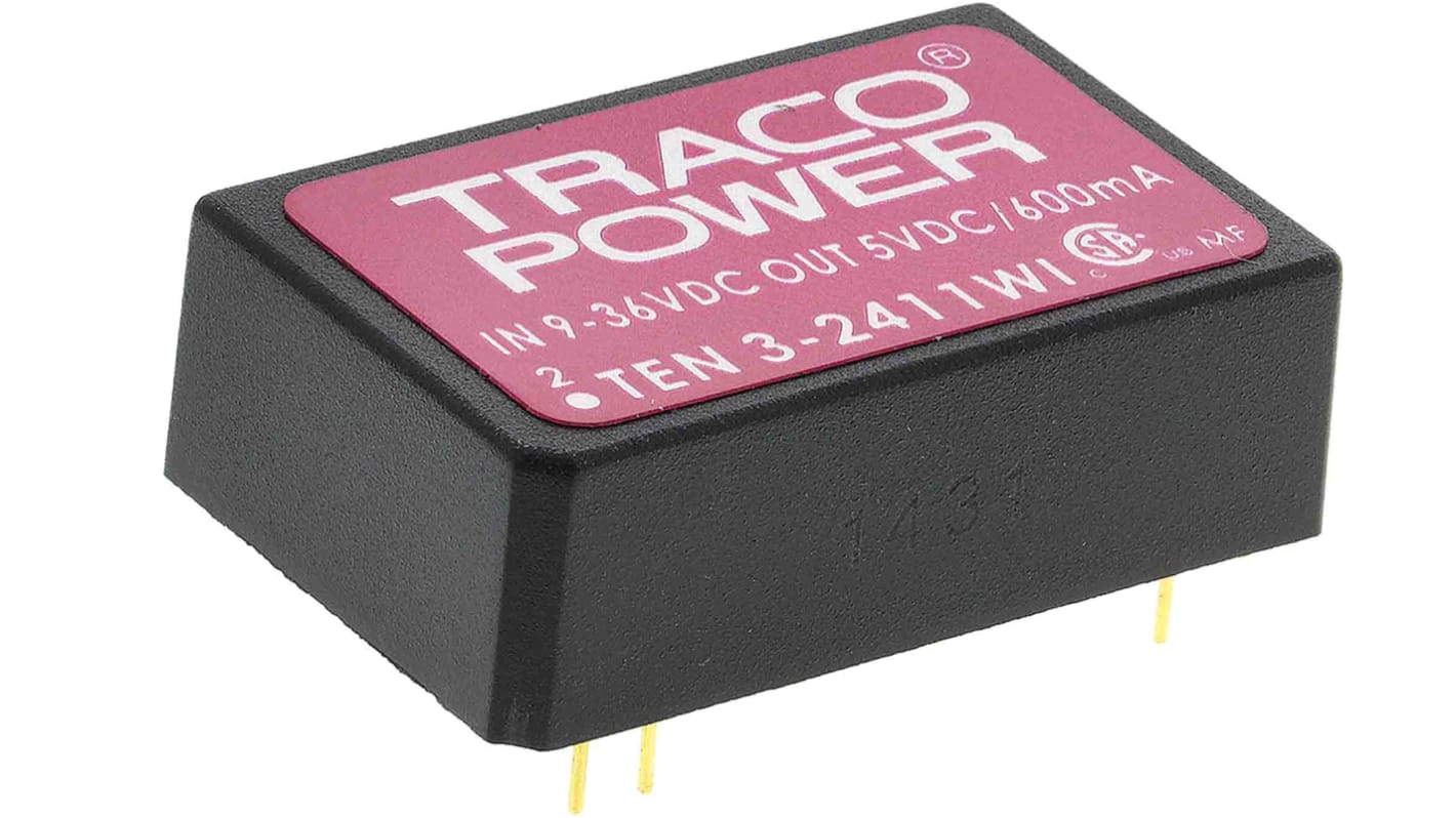 TEN 3-2411WI | TRACOPOWER TEN 3WI DC-DC Converter, 5V dc/ 600mA Output, 9 → 36 V dc Input, 3W ...
