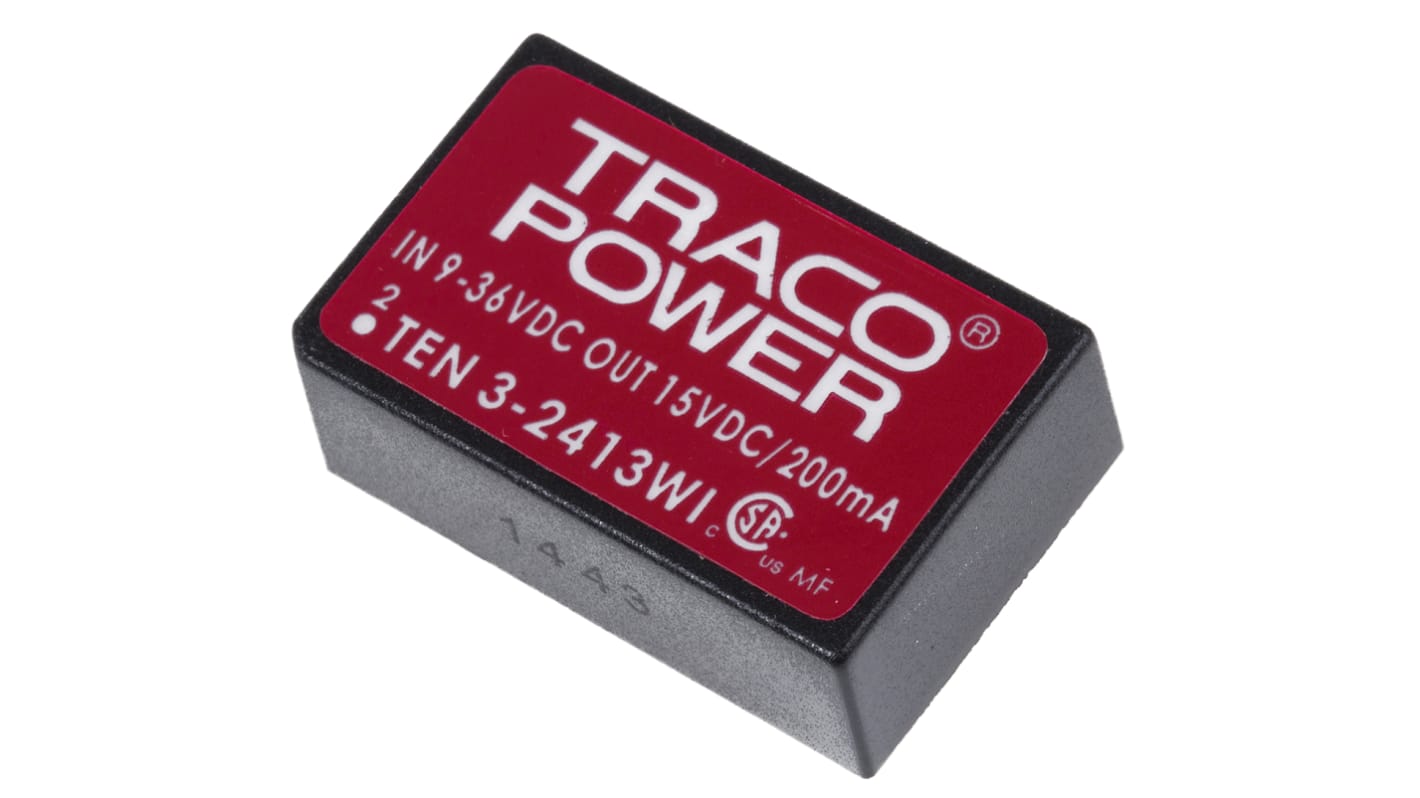TEN 3-2413WI | TRACOPOWER TEN 3WI DC-DC Converter, 15V dc/ 200mA Output, 9 → 36 V dc Input, 3W ...