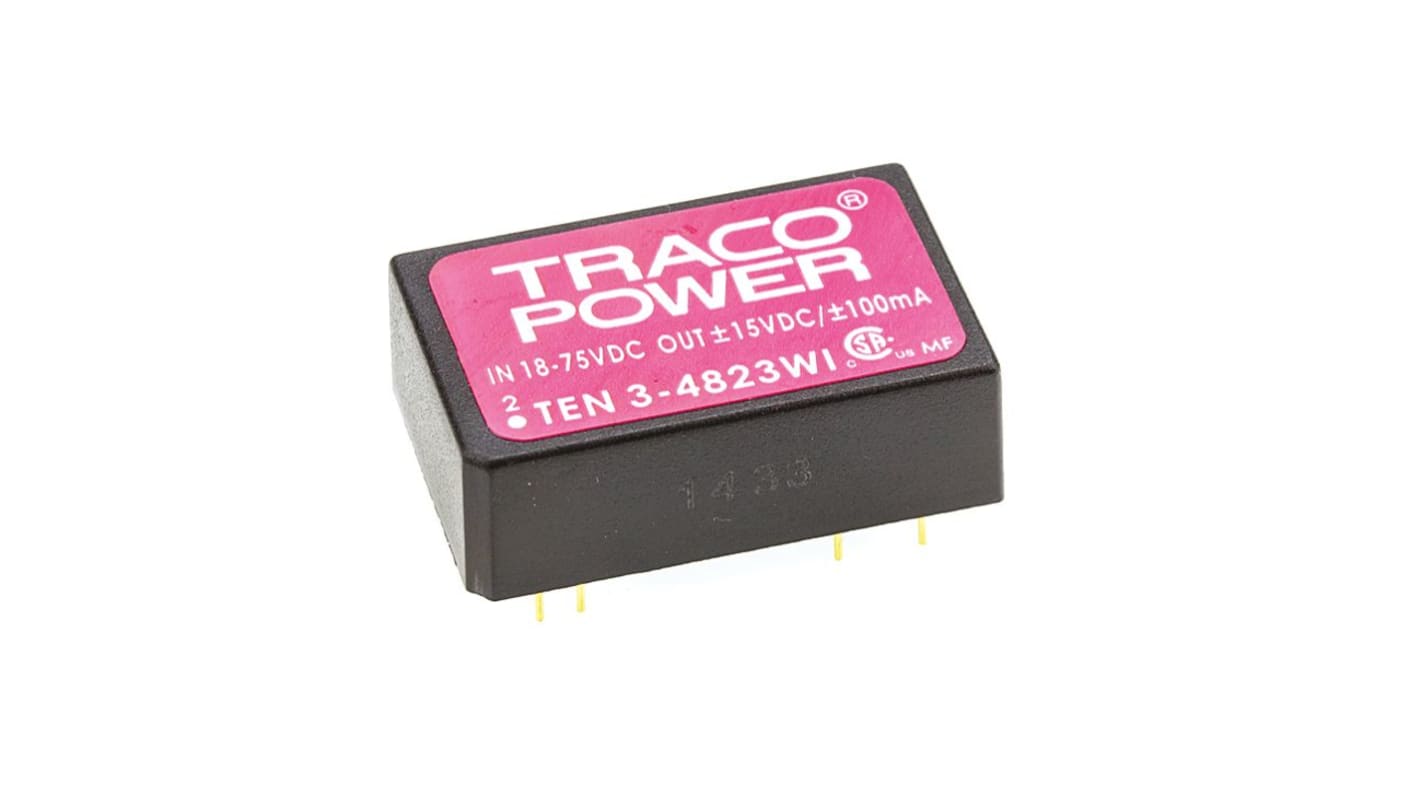 TEN 3-4823WI | TRACOPOWER TEN 3WI DC-DC Converter, ±15V dc/ ±100mA Output, 18 → 75 V dc Input ...
