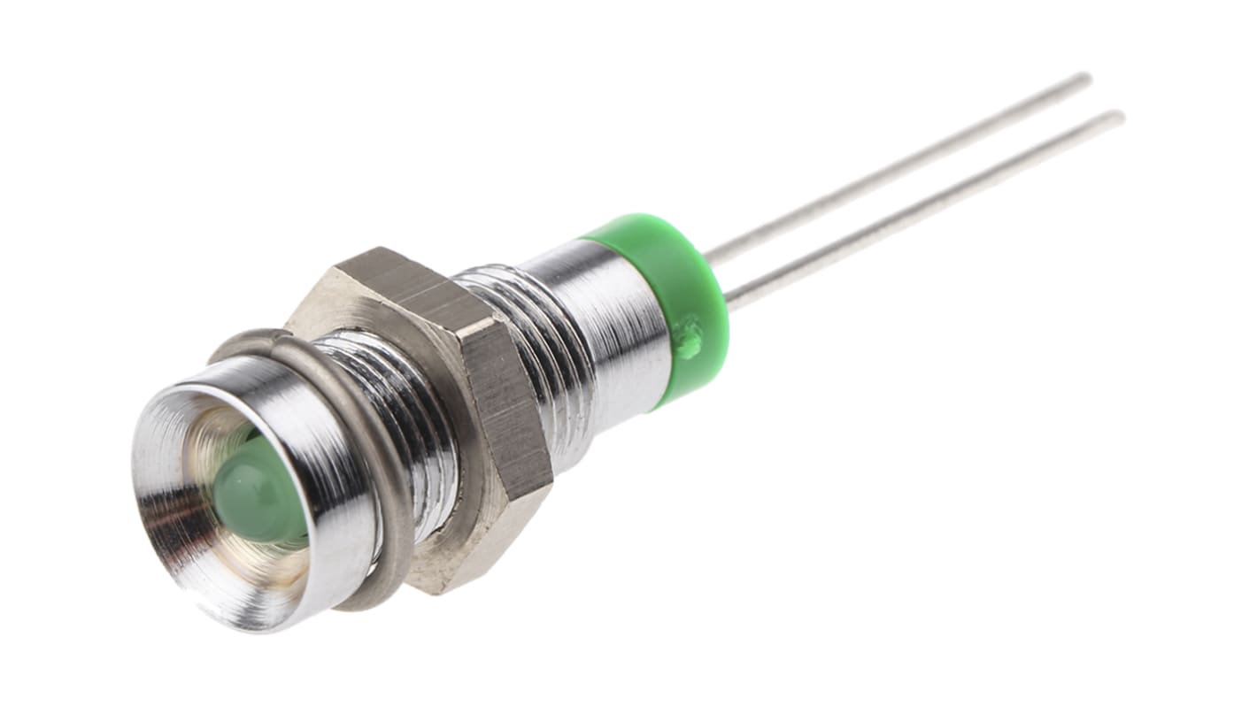 RS PRO Green Panel Mount Indicator, 2V dc, 6mm Mounting Hole Size, Lead ...