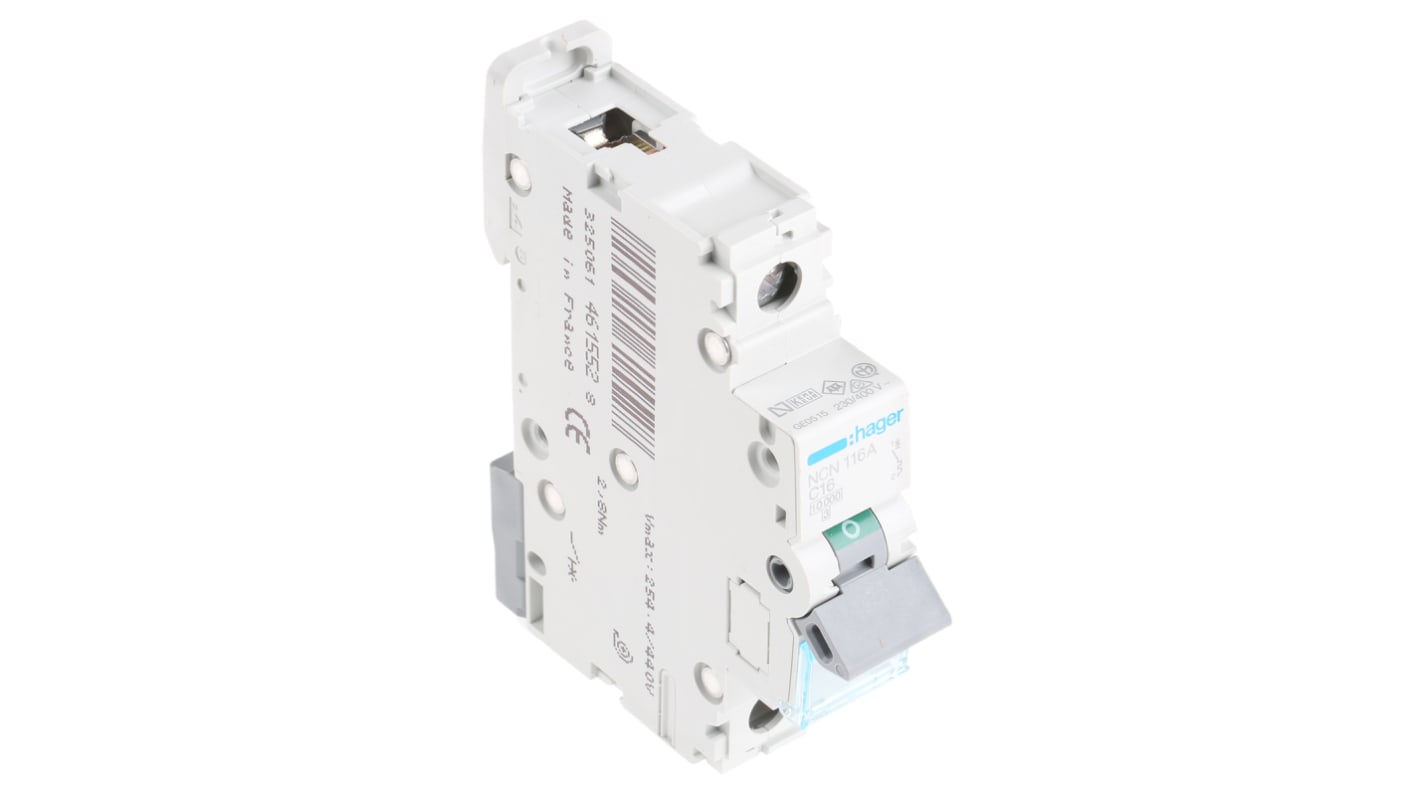 NCN116A | Hager Invicta NCN MCB1P, 16A Curve C, 230 → 400V AC, 10 kA Breaking Capacity | RS