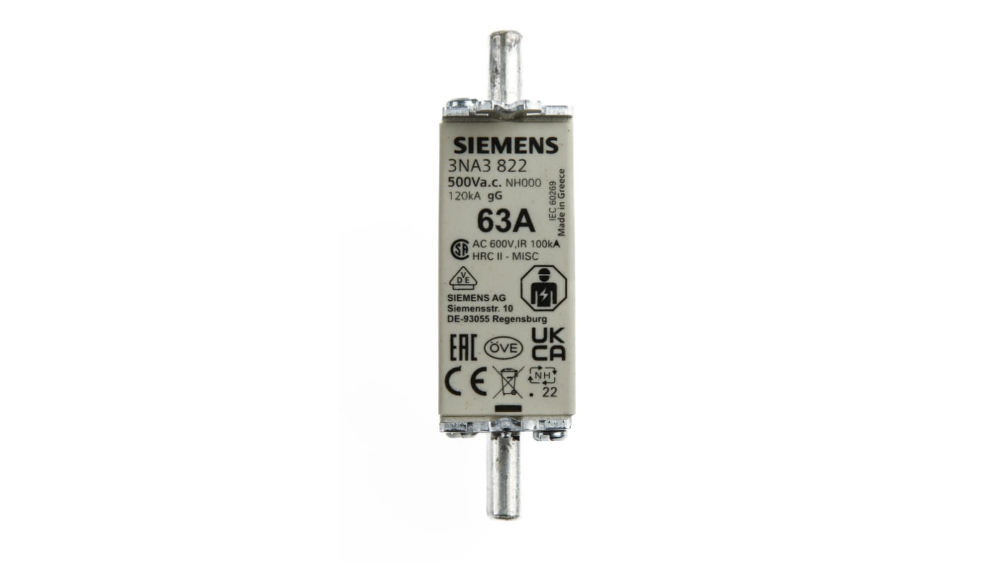 3NA3822 | Fusible NH 63A Siemens NH000 500V c.a., gG | RS