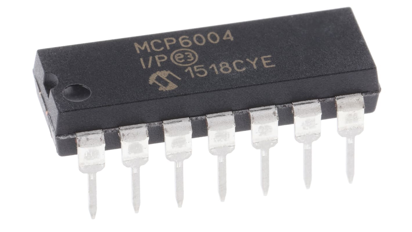 MCP6004-I/P Microchip, Op Amp, RRIO, 1MHz, 3 V, 5 V, 14-Pin PDIP | RS