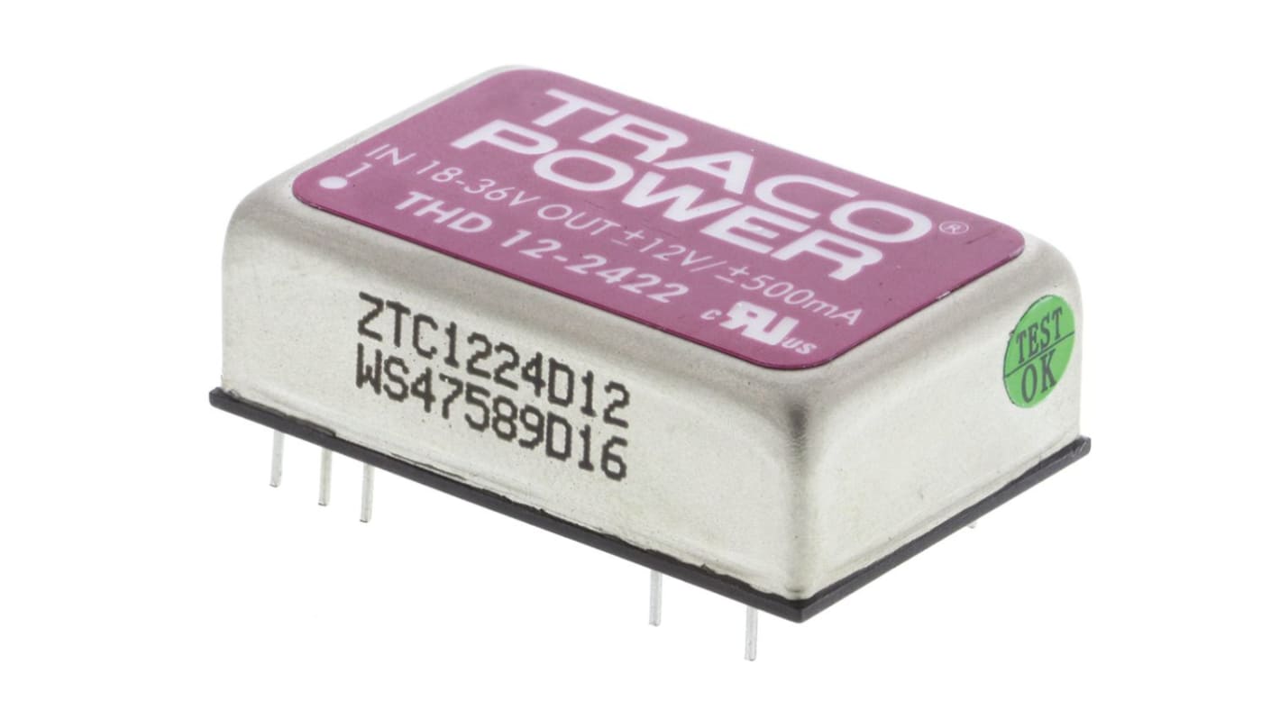 THD 12-2422 | TRACOPOWER THD 12 DC-DC Converter, ±12V dc/ ±500mA Output, 18 → 36 V dc Input, 12W ...