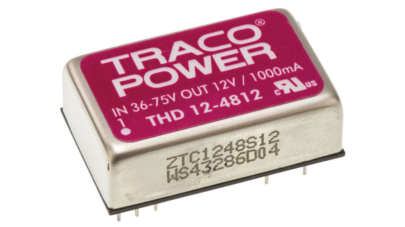 THD 12-4812 | TRACOPOWER THD 12 DC-DC Converter, 12V dc/ 1A Output, 36 → 75 V dc Input, 12W ...