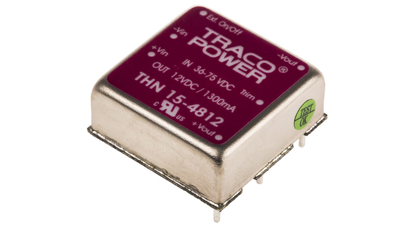 THN 15-4812 | TRACOPOWER THN 15 DC-DC Converter, 12V dc/ 1.3A Output, 36 → 75 V dc Input, 15W ...