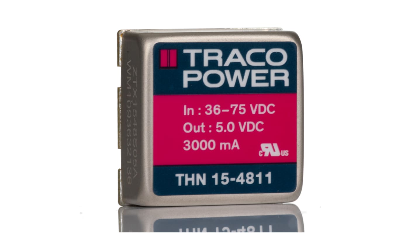 THN 15-4811 | TRACOPOWER THN 15 DC-DC Converter, 5V dc/ 3A Output, 36 → 75 V dc Input, 15W ...