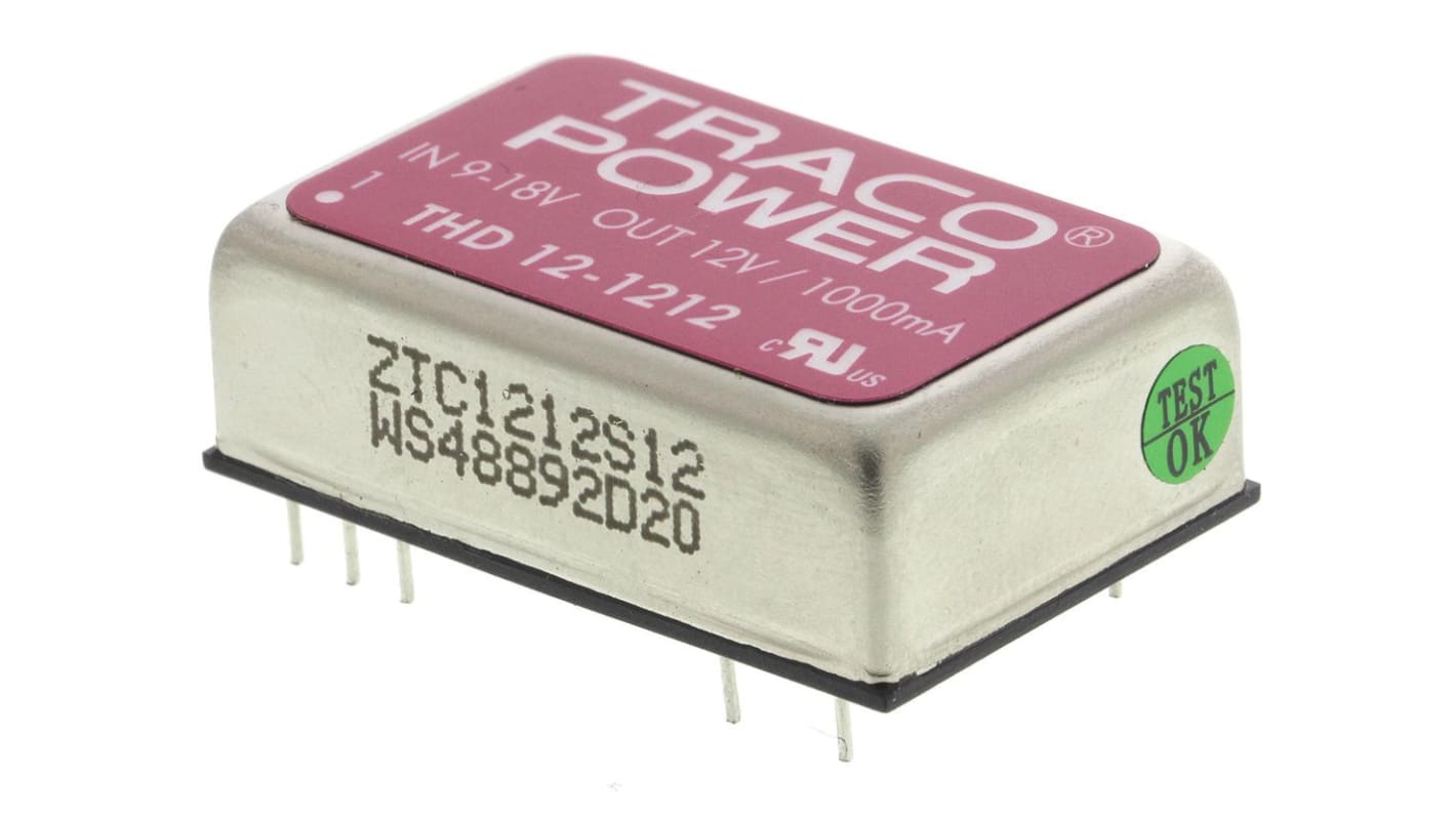 THD 12-1212 | TRACOPOWER THD 12 DC-DC Converter, 12V dc/ 1A Output, 9 → 18 V dc Input, 12W ...
