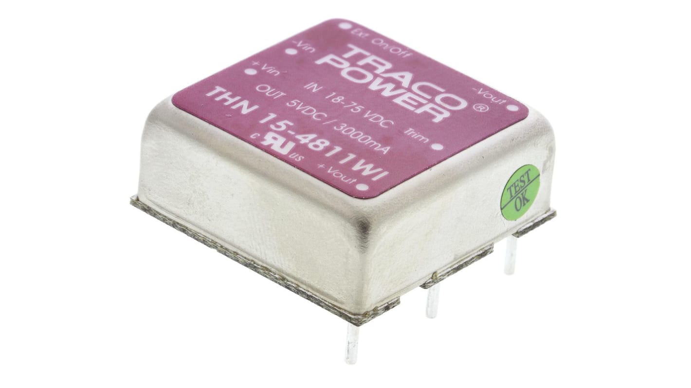 THN 15-4811WI | TRACOPOWER THN 15WI DC-DC Converter, 5V dc/ 3A Output, 18 → 75 V dc Input, 15W ...