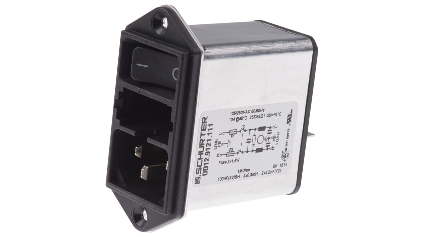 Schurter 10A, 250 V ac Male Panel Mount Filtered IEC Connector 2 Pole ...