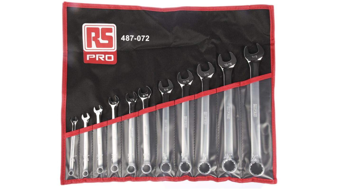 RS PRO 11-Piece Spanner Set, 1/4 → 7/8 in, Chrome Vanadium Steel | RS