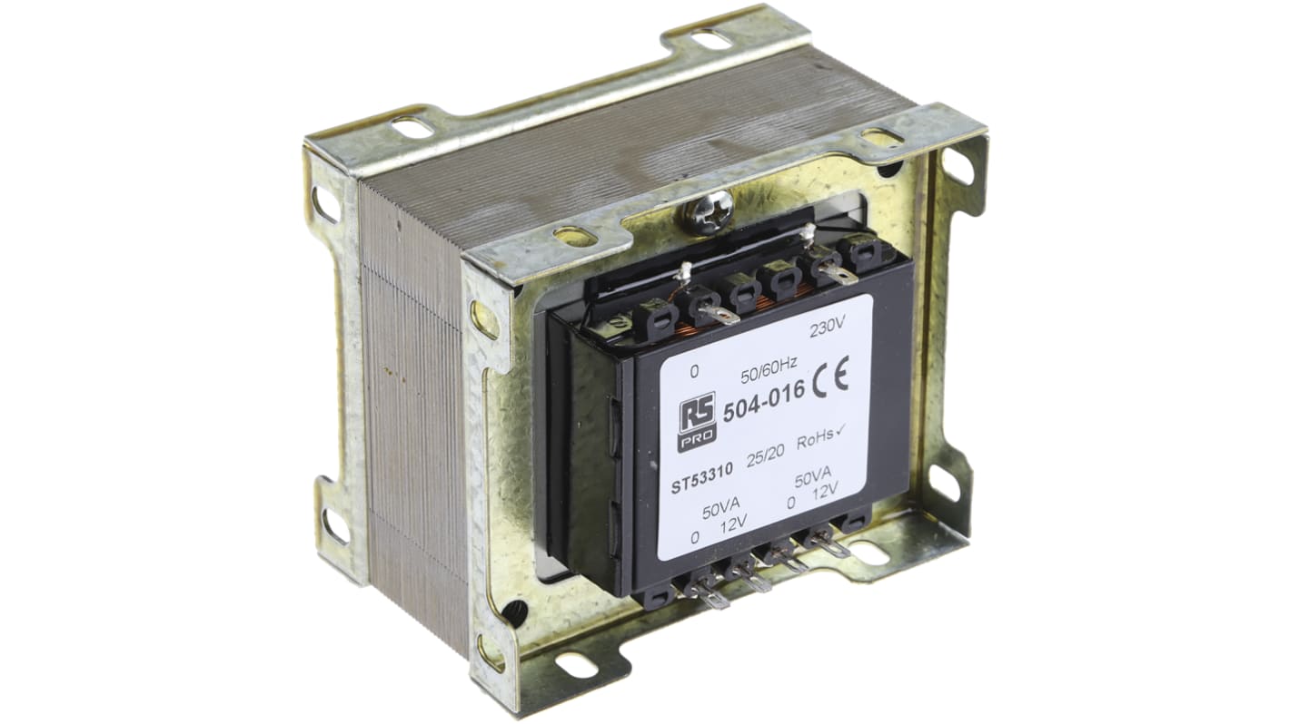 RS PRO 100VA 2 Output Chassis Mounting Transformer, 12V ac, IEC 61558-2 ...