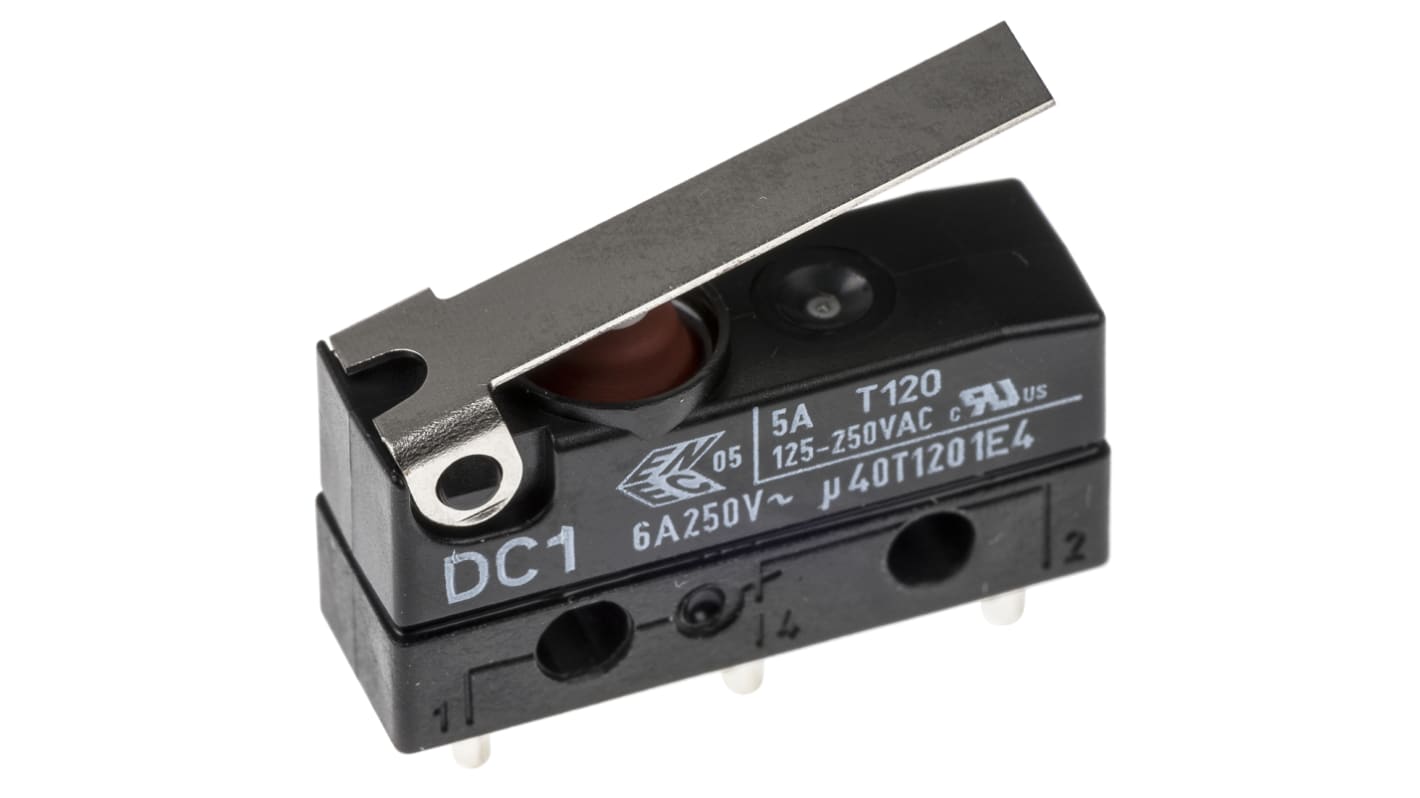 DC1C-A1LB | ZF Short Lever Micro Switch, Solder Terminal, 6 A @ 250 V ac, SPDT, IP6K7 | RS