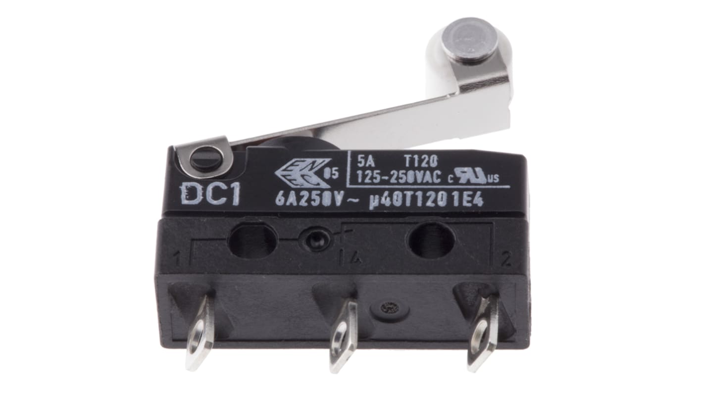 DC1C-A1RB | ZF Short Roller Lever Micro Switch, Solder Terminal, 6 A @ 250 V ac, SPDT, IP6K7 | RS
