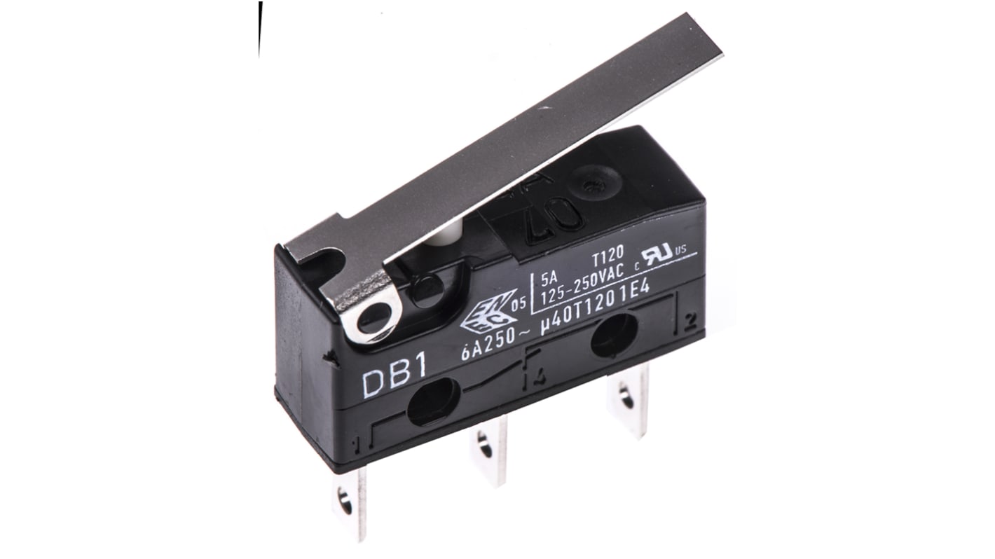 DB1C-B1LC | ZF Hinge Lever Micro Switch, Tab Terminal, 6 A @ 250 V ac, SPDT | RS