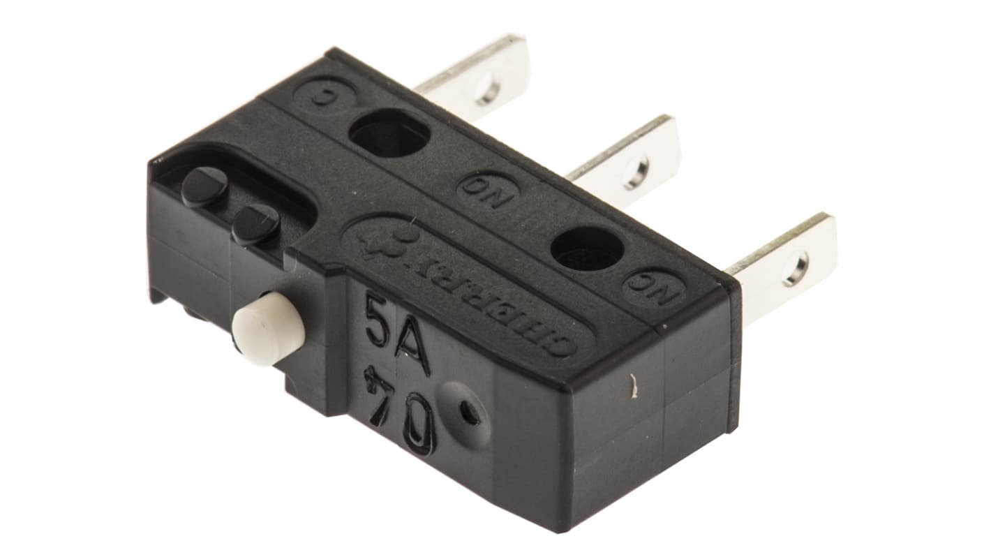 DB1C-B1AA | ZF Button Micro Switch, Tab Terminal, 6 A @ 250 V ac, SPDT | RS