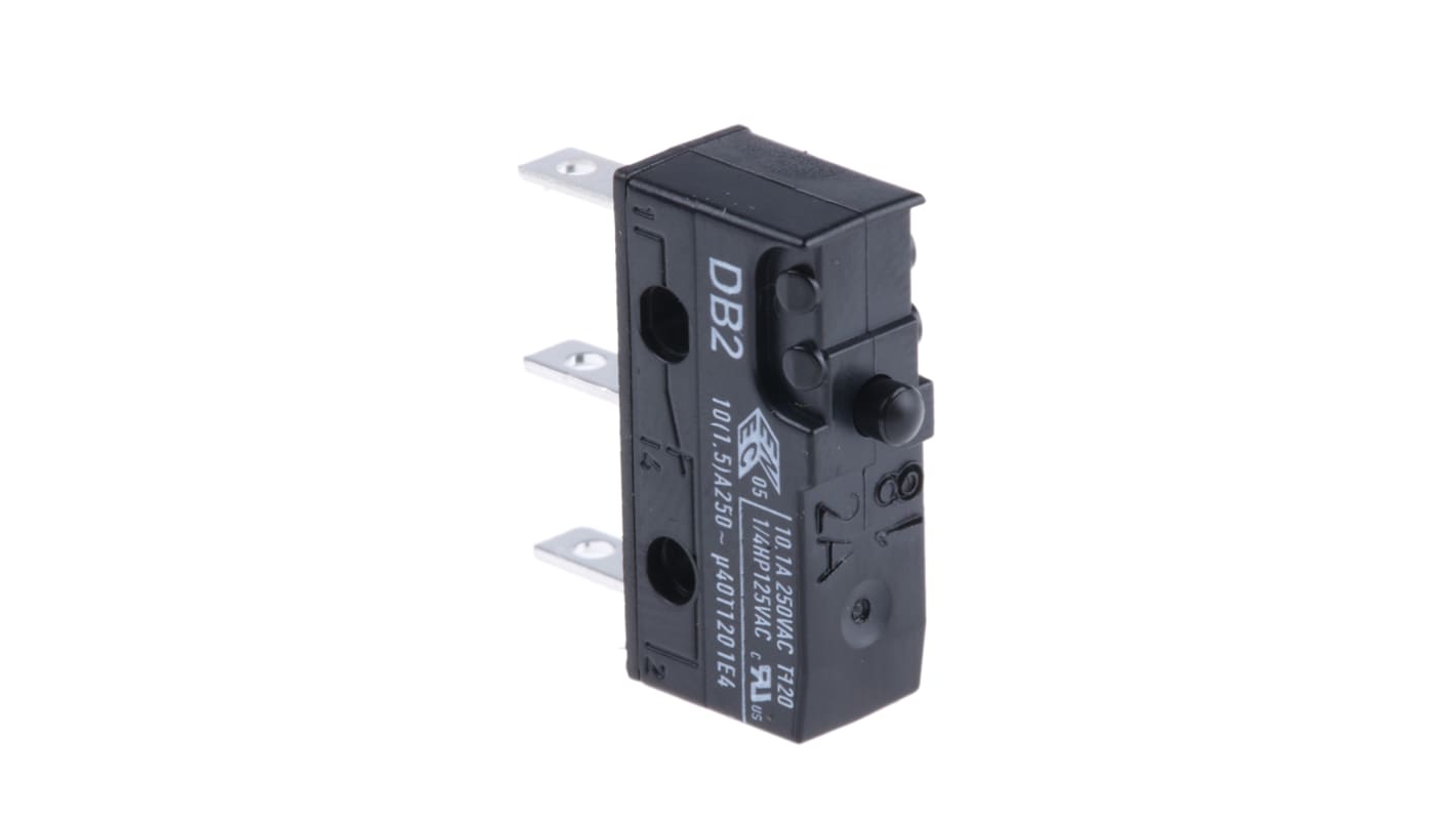 DB2C-B1AA | ZF Button Micro Switch, Tab Terminal, 10.1 A @ 250 V ac, SPDT | RS
