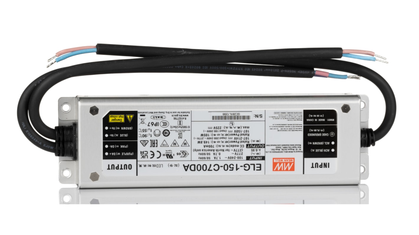 ELG-150-C700DA | MEAN WELL LED Driver, 225V Output, 150W Output, 700mA Output, Constant Current ...