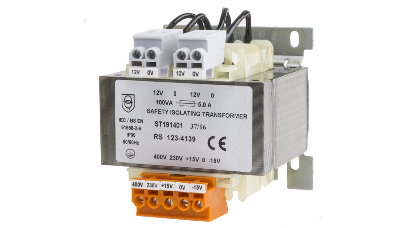 RS PRO 100VA DIN Rail Transformer, IEC 61558-2-6, 230 → 400V ac Primary ...