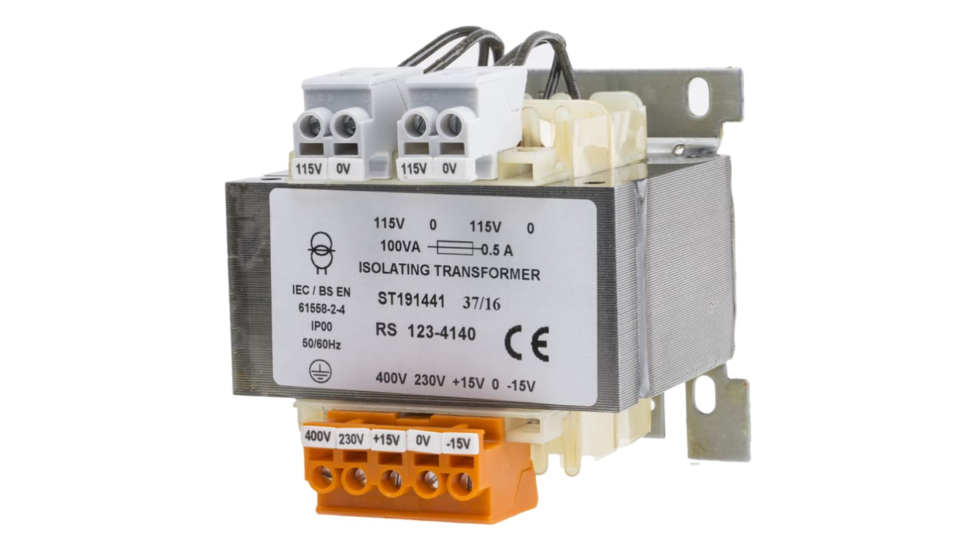 RS PRO 100VA DIN Rail Transformer, 230 → 400V ac Primary, 115V ...