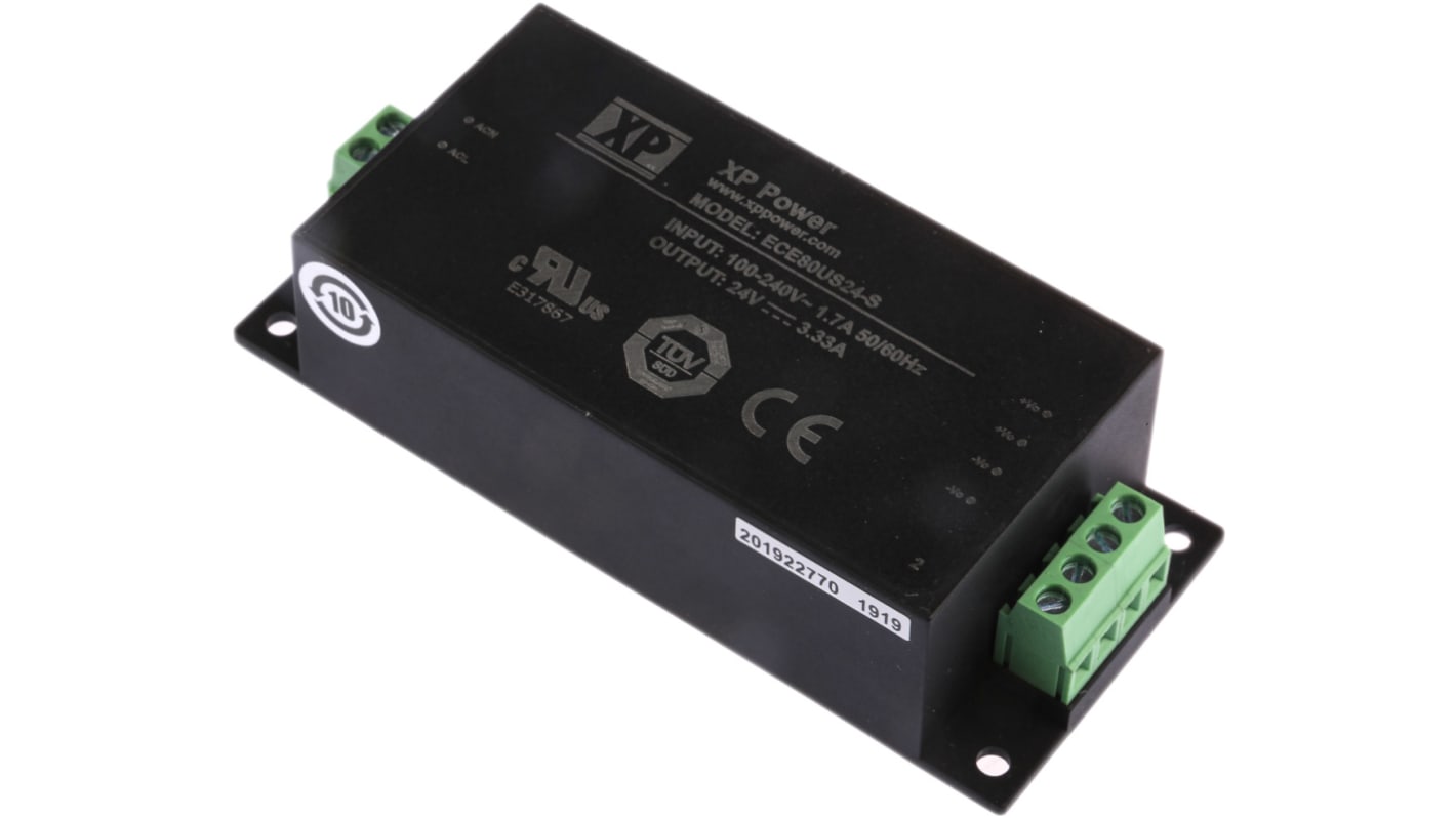 XP Power Switching Power Supply, ECE80US24-S, 24V dc, 3.33A, 80W, 1 ...