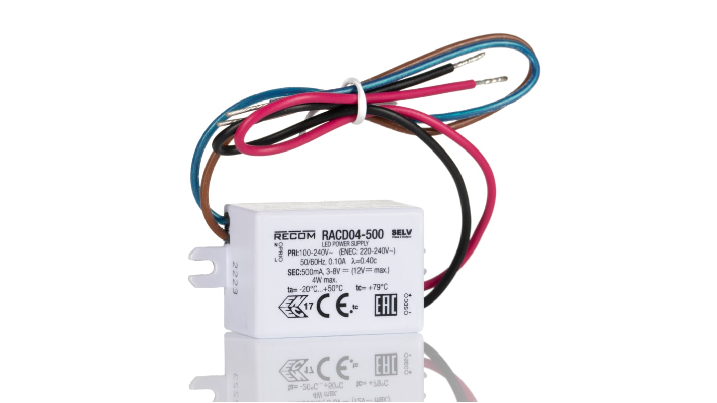RACD04-500 | Recom LED Driver, 3 → 8V dc Output, 4W Output, 500mA Output, Constant Current | RS