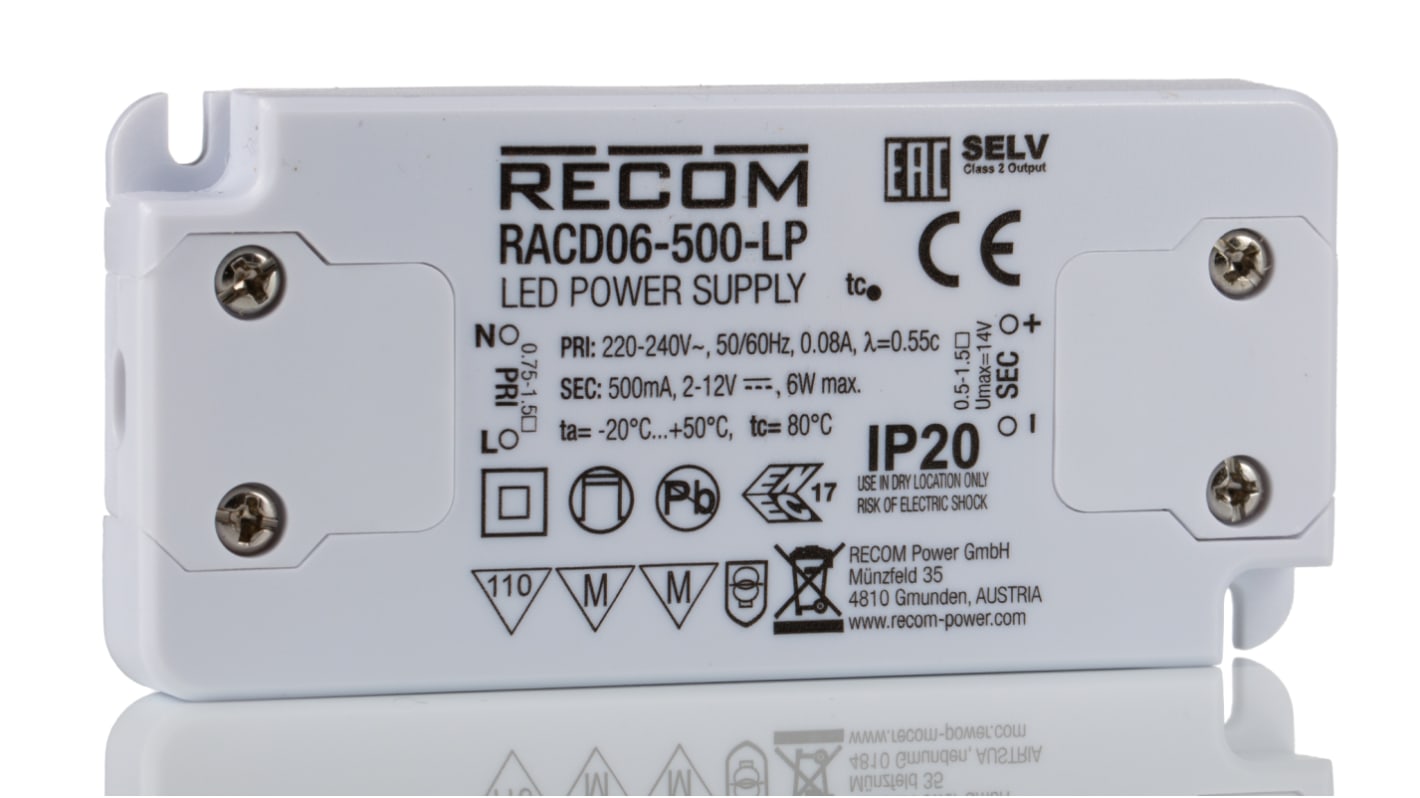 RACD06-500-LP | Recom LED Driver, 2 → 12V dc Output, 6W Output, 500mA Output, Constant Current | RS