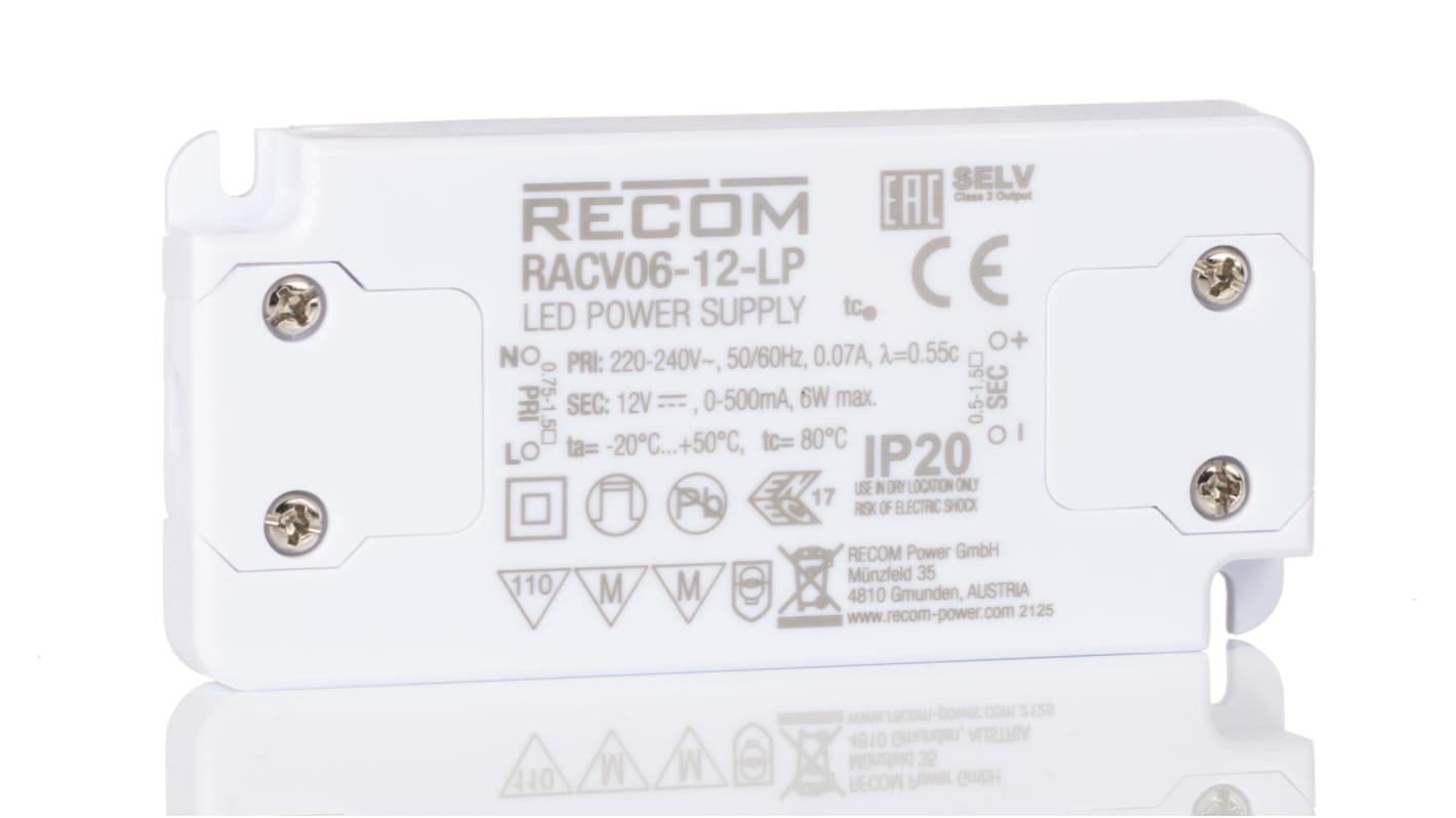 RACV06-12-LP | Recom LED Driver, 12V dc Output, 6W Output, 500mA Output, Constant Voltage | RS