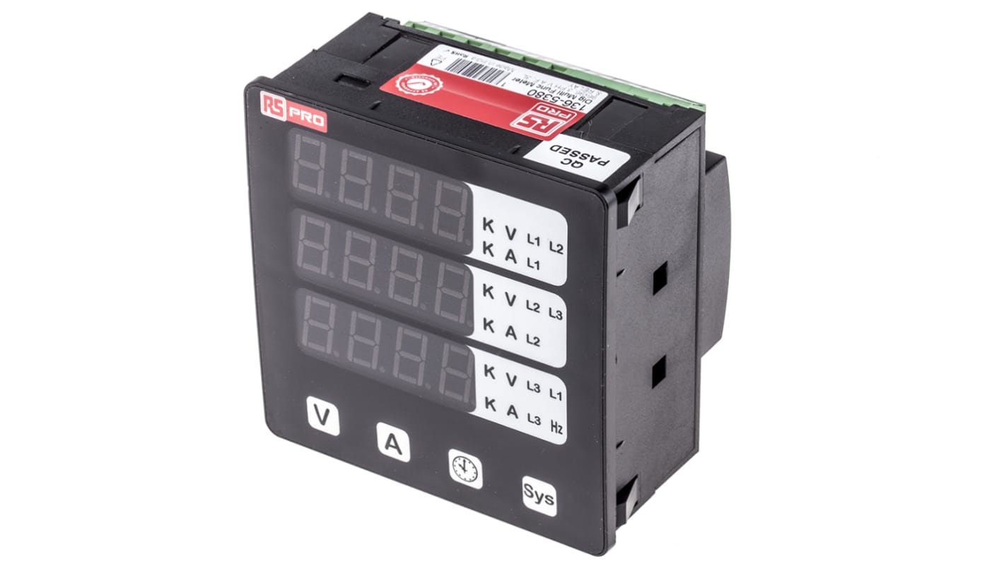 RS PRO LED Digital Panel Multi-Function Meter for AC Current, AC Voltage, Frequency, Hour, RPM ...