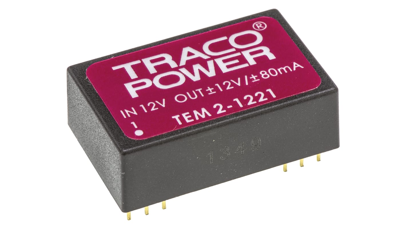 TEM 2-1221 | TRACOPOWER TEM 2 DC-DC Converter, ±12V dc/ ±80mA Output, 10.8 → 13.2 V dc Input, 2W ...
