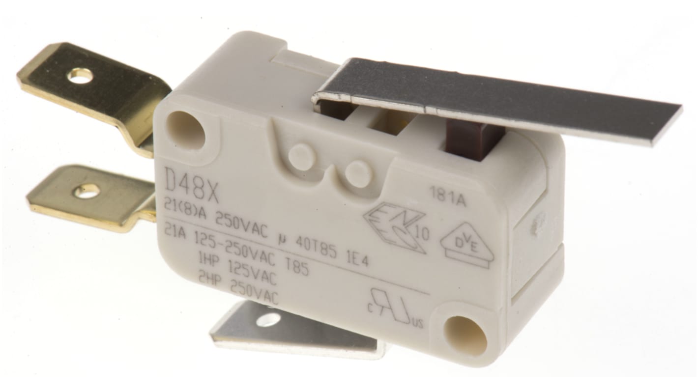 D489-V3LD | ZF Short Lever Micro Switch, Tab Terminal, 21 A @ 250 V ac ...