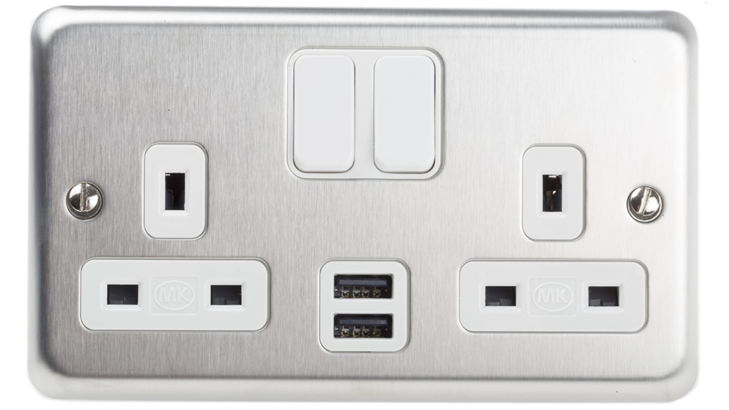 K2944BSS | MK Electric Silver 2 Gang Plug Socket, 2 x 2P + E Poles, 2A ...