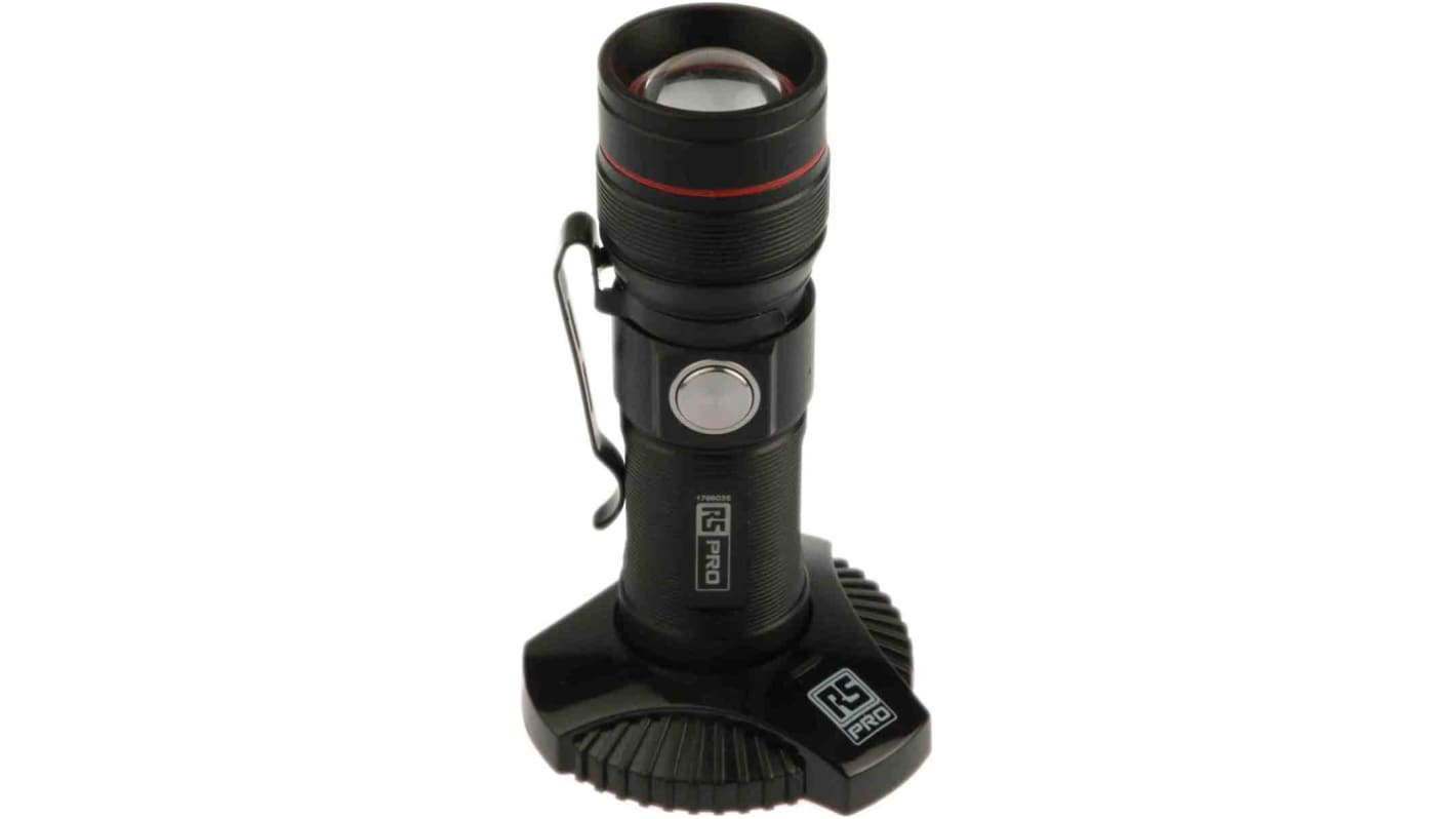 RS PRO LED Pocket Torch Black - Rechargeable 300 lm, 93 mm | RS