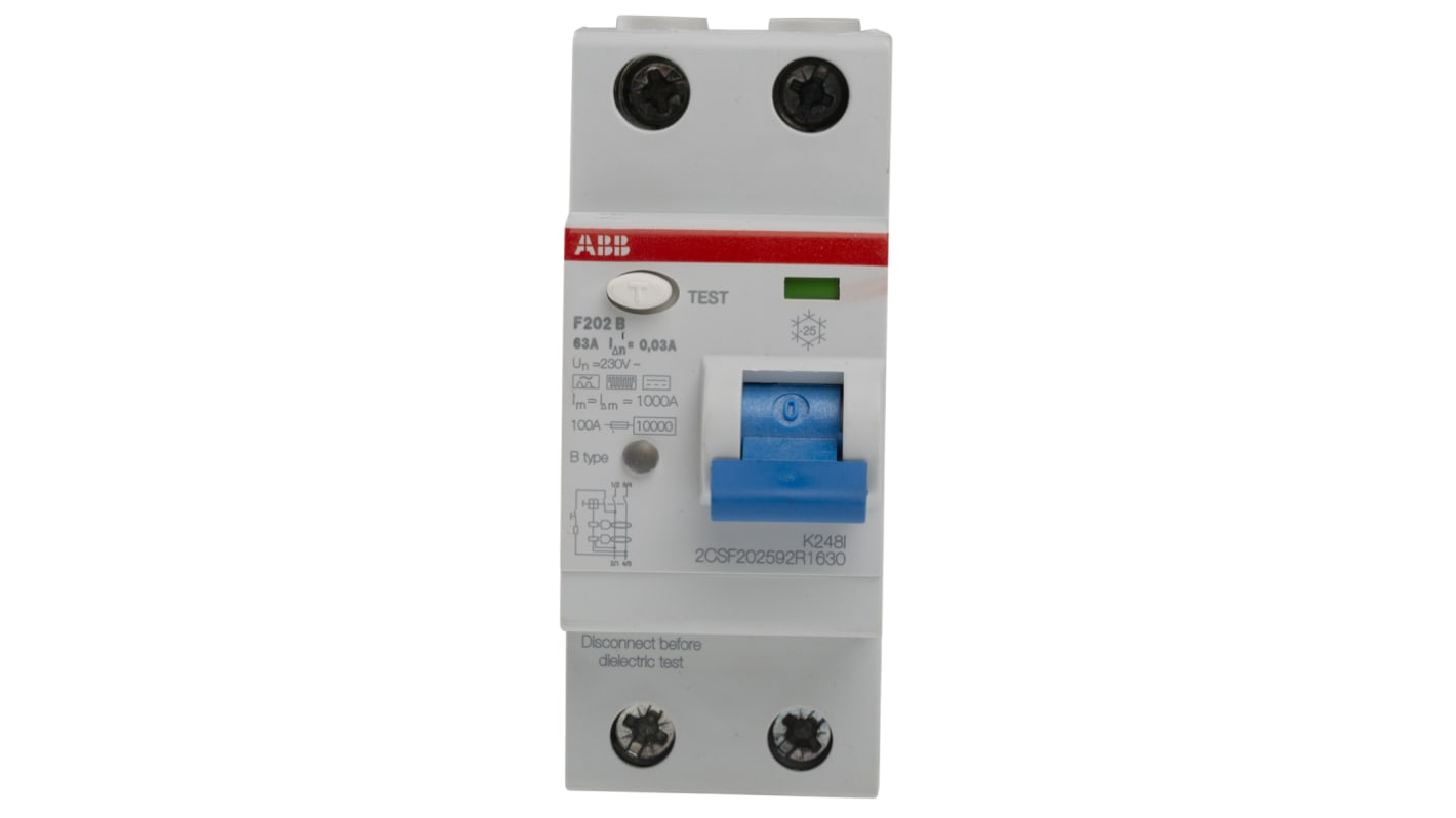 2CSF202592R1630 F202 B-63/0,03 | ABB F200 RCCB, 63A, 2 Pole, 30mA, Type B, 230V | RS