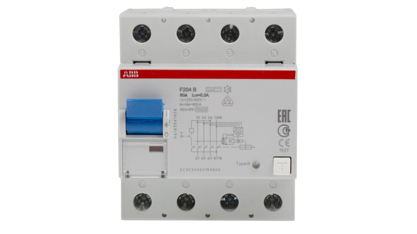 F204B-80/0.3 | RCCB ABB, 80A Tipo B, 4 Polos, 300mA F 400V ac | RS