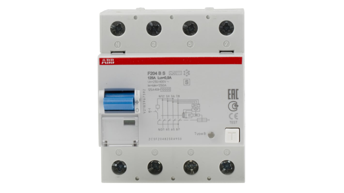 F204BS-125/0.5 | ABB F200 RCCB, 125A, 4 Pole, 500mA, 400V ac | RS