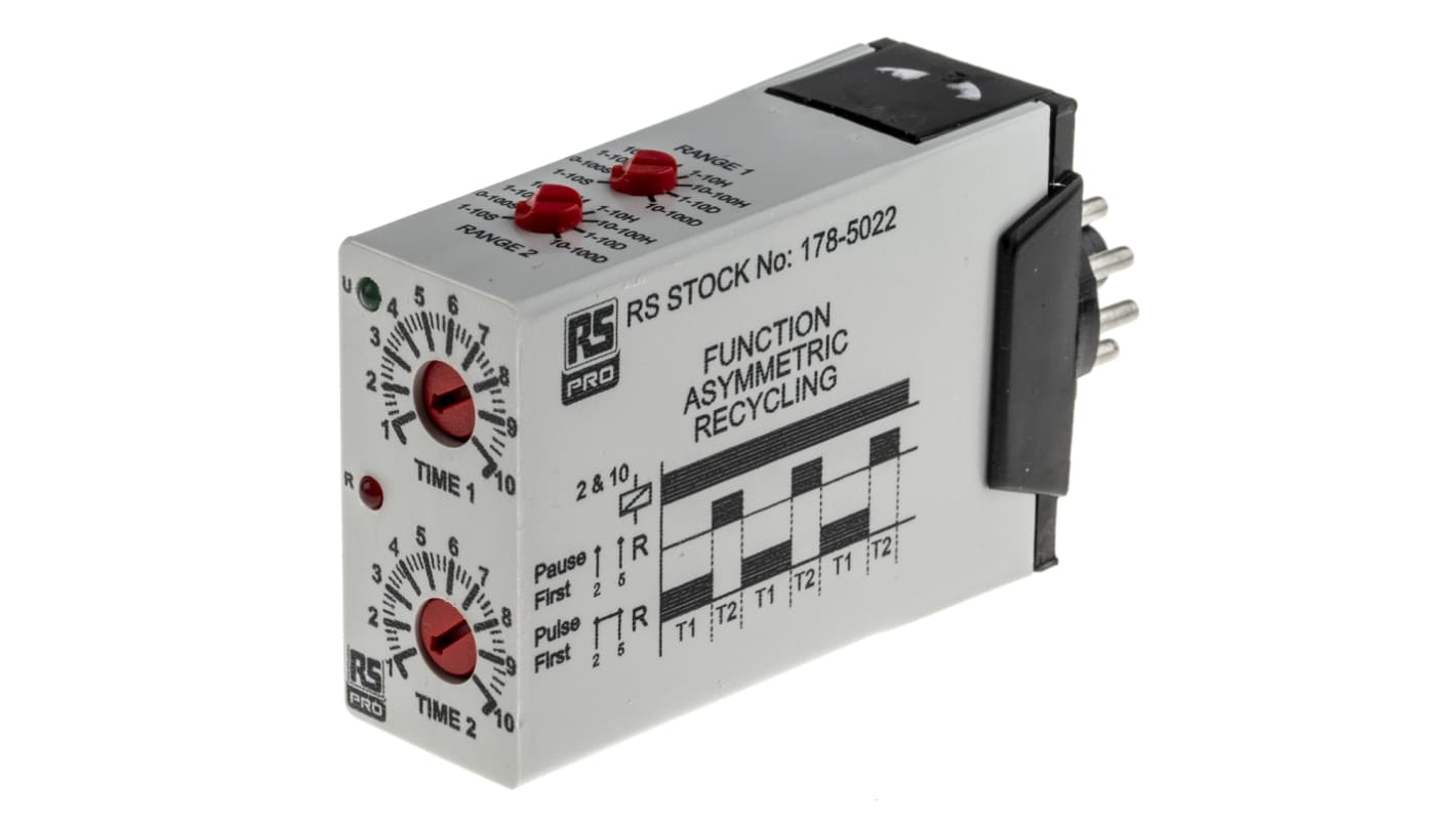 RS PRO Plug In Timer Relay, 12 → 240V ac/dc, 0.1 s → 100days, 2 ...