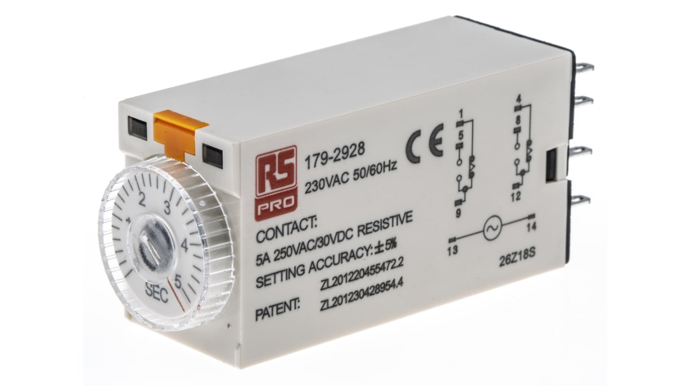 RS PRO Plug In Timer Relay, 230V ac, 2-Contact, 0.2 → 5s, 1-Function ...