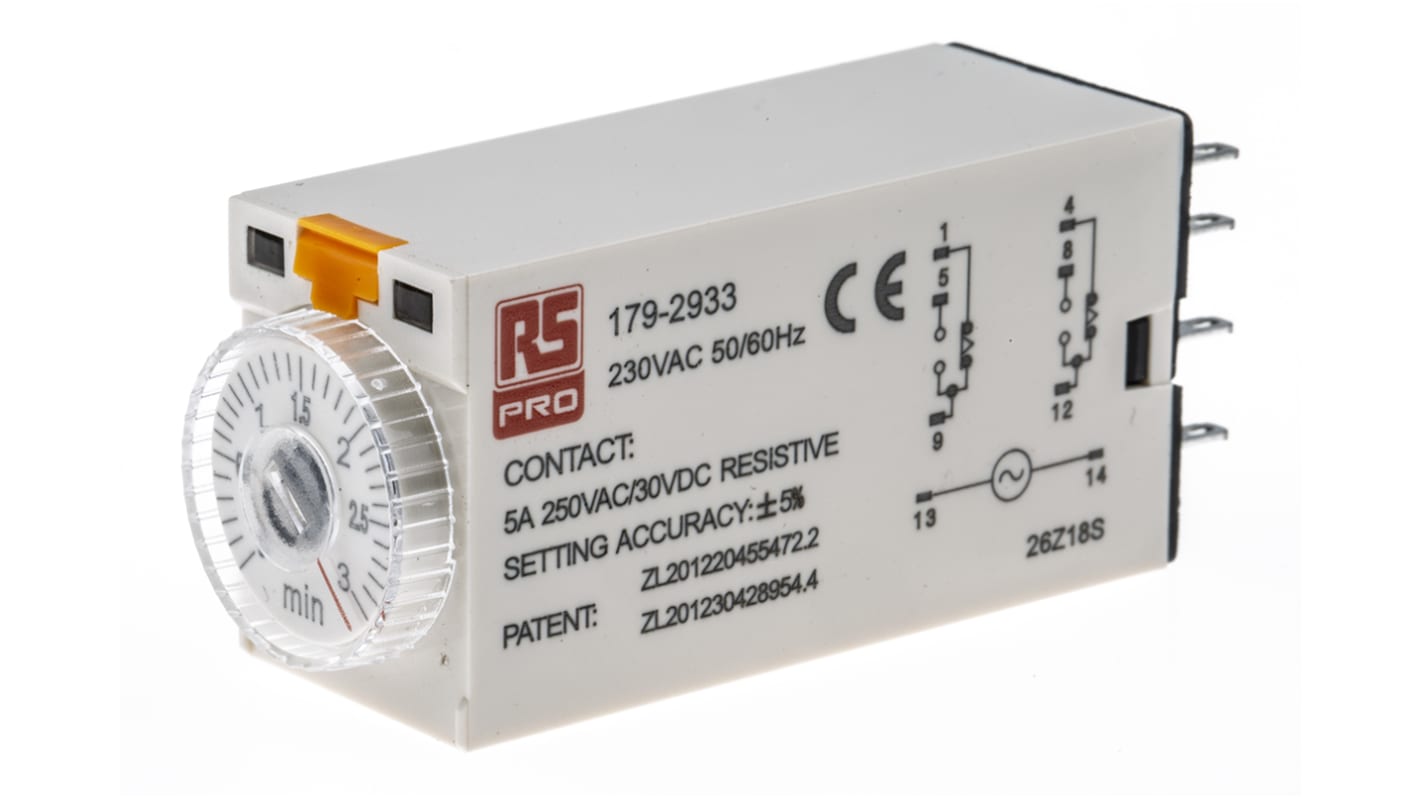 RS PRO Plug In Timer Relay, 230V ac, 2-Contact, 0.1 → 3min, 1-Function ...