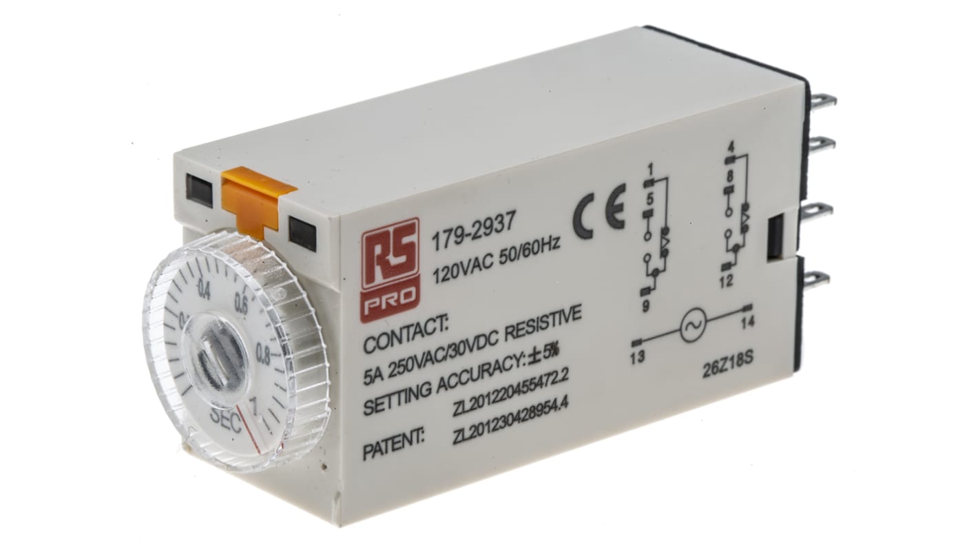 RS PRO Plug In Timer Relay, 110V ac, 2-Contact, 0.1 → 1s, 1-Function ...