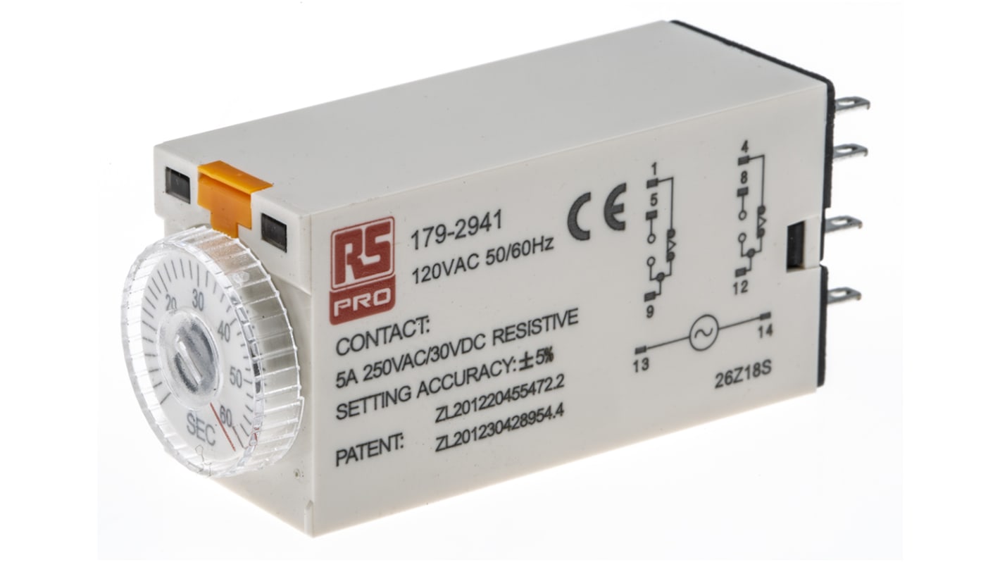 RS PRO Plug In Timer Relay, 110V ac, 2-Contact, 2 → 60s, 1-Function ...