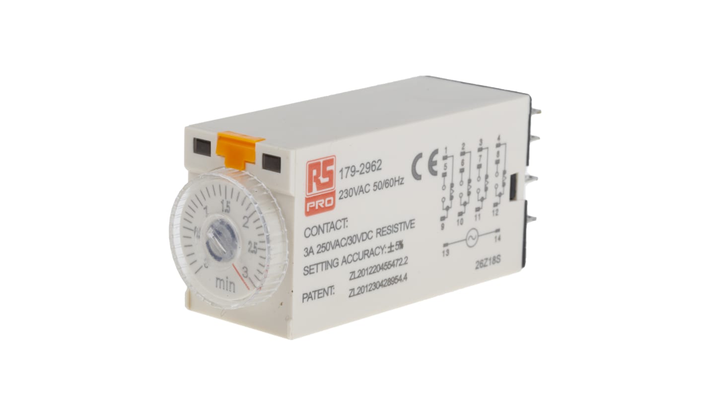 RS PRO Plug In Timer Relay, 230V ac, 4-Contact, 0.1 → 3min, 1-Function ...