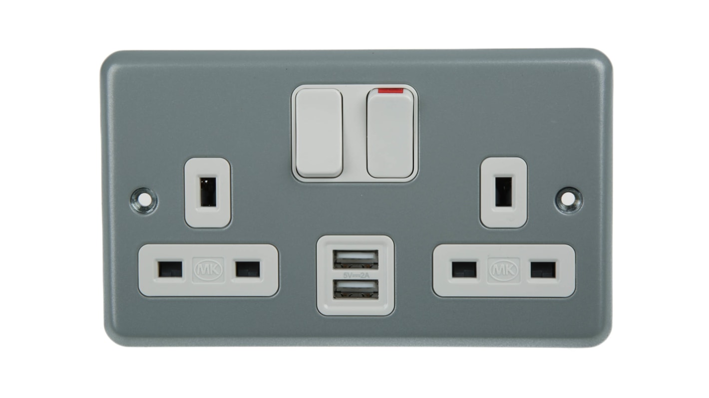 K2944D5ALM | MK Electric 2 Gang Plug Socket, 2 Poles, 13A, BS1363, USB ...