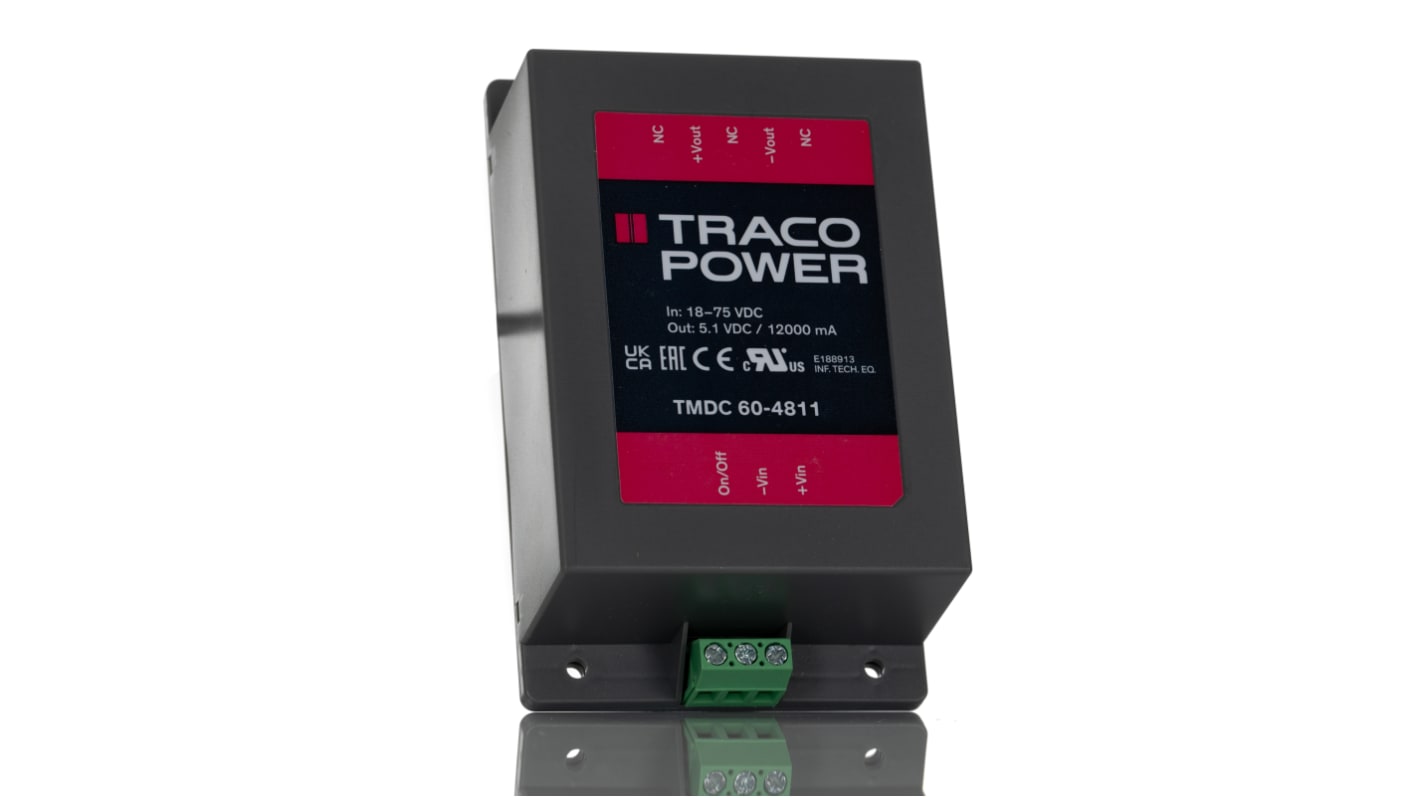 TMDC 60-4811 | TRACOPOWER TMDC 60 DC-DC Converter, 5.1V dc/ 12A Output, 18 → 75 V dc Input, 60W ...